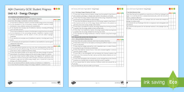 AQA Chemistry Unit 5 Energy Changes Student Progress Sheet