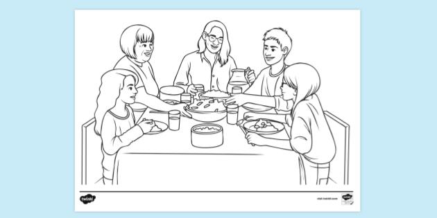 FREE! - Cena Family Eating Dinner Colouring Sheet | Colouring Sheets