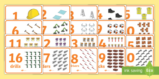 Builders Tools 1-20 Counting A4 Display Posters - 1-10 Counting Posters