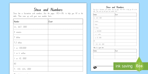 FREE! - Steve and Numbers Worksheet / Worksheet to Support Teaching on ...