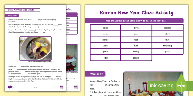 Korean New Year Fact File Differentiated Cloze Activity
