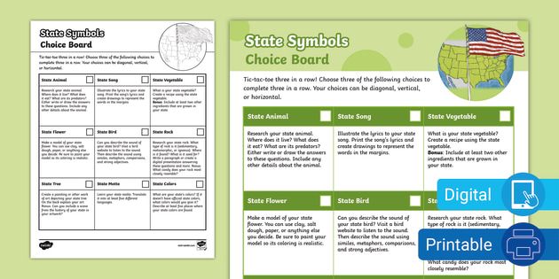 Social Studies: State Symbols Choice Board
