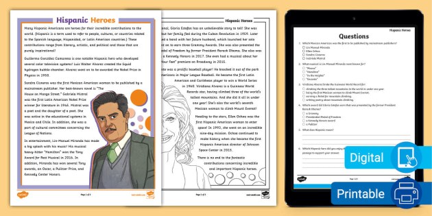 Fifth Grade Hispanic Heroes Reading Comprehension Activity