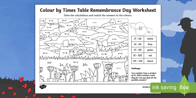 👉 Remembrance Day Maths Worksheet - Colour By Times Table