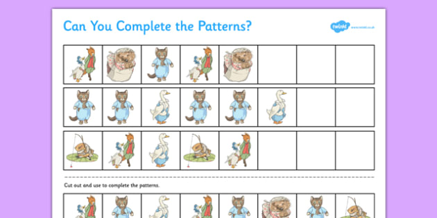 Beatrix Potter Complete the Pattern Worksheet (teacher made)