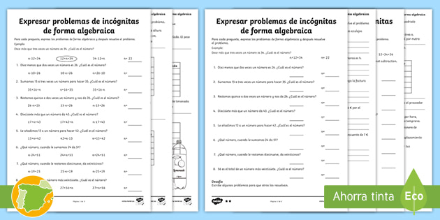 Pack de fichas: : Expresar problemas de incógnitas de forma algebraica