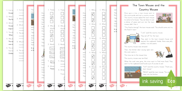 The Town Mouse and the Country Mouse Reading Comprehension Worksheet