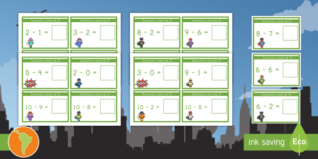 Tarjetas educativas: Restas a partir de 10 - Superhéroes