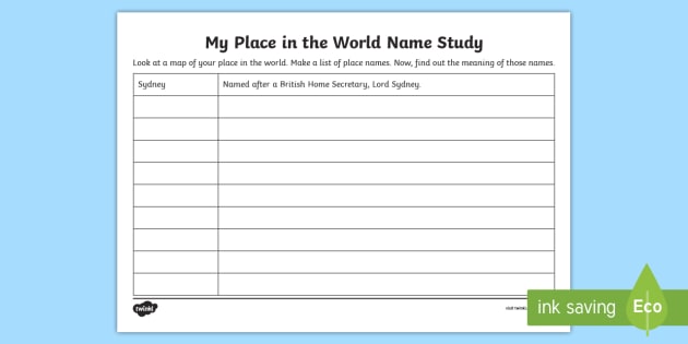 My Place in the World Place Name Study Worksheet / Worksheet