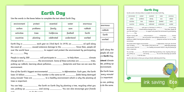 Earth Day Cloze Worksheet (teacher made)