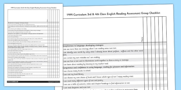1999 Curriculum 3rd & 4th Class English Reading Assessment Group checklist