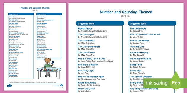 Number and Counting Themed Book List (teacher made)