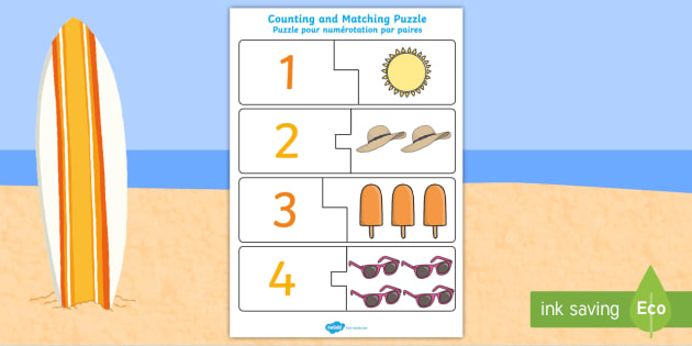 Summer Themed Counting Matching Puzzle English/French - Summer Themed ...