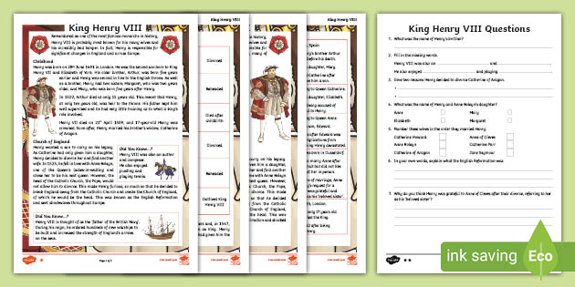 KS2 Henry VIII Facts - Reading Comprehension Activity