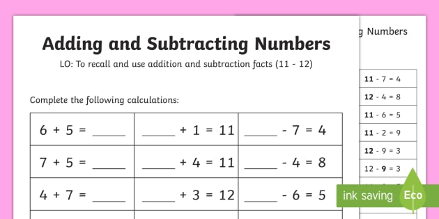 Number Facts Worksheet 11-12 One Digit (teacher made)