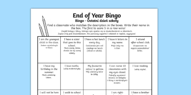 Last Day of School Bingo Worksheet / Worksheet Polish Translation