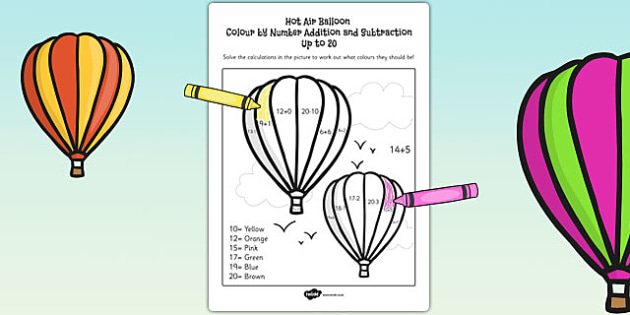 Hot Air Balloon Colour by Number Addition and Subtraction Up 20