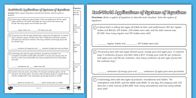Systems Of Equations Applications Worksheet Pre Algebra Worksheets