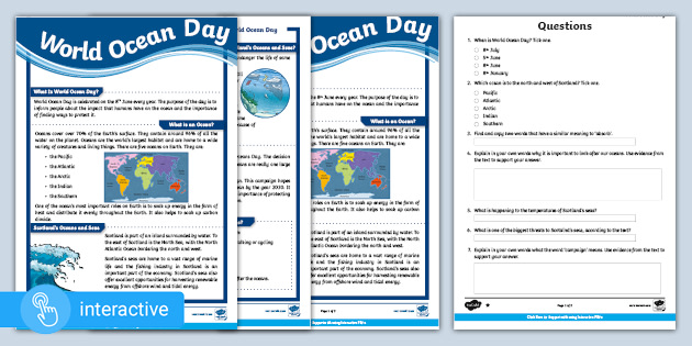 World Oceans Day Reading Comprehension Activity