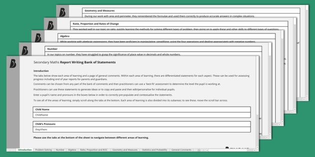 Year 7 - Year 10 Maths Report Writing Bank of Statements