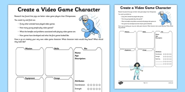 Create A Video Game Character Worksheet Worksheet