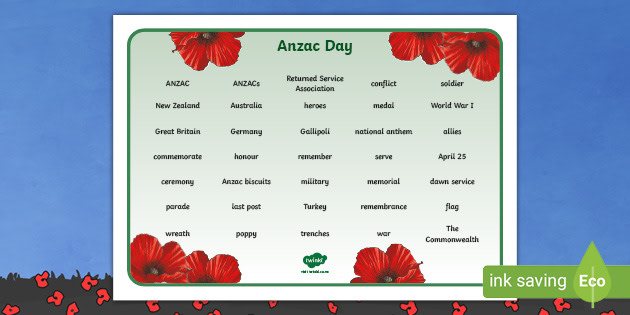 New Zealand Anzac Day Word Mat (teacher made)