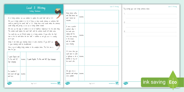Level 3 Writing - Listing Sentences Worksheet (Teacher-Made)