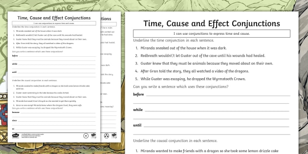 KS2 Conjunctions for Time, Cause and Effect Differentiated Worksheet (KS2