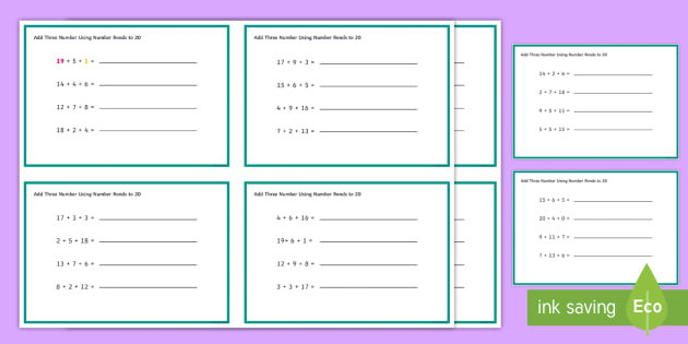 Adding Three Numbers Using Numbers Bonds of 20 Challenge Cards