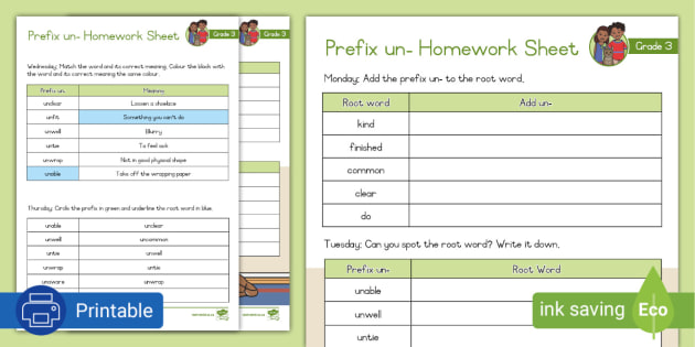 Prefix Homework | Un- Words | Homework Sheet | South Africa
