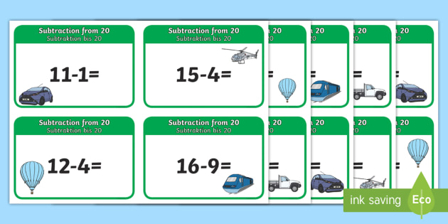 Subtraction From 20 Cards English/German (teacher made)