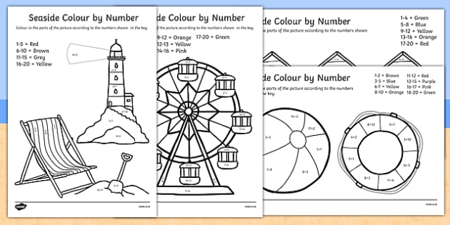 Addition to 20 Seaside Themed Colour by Numbers