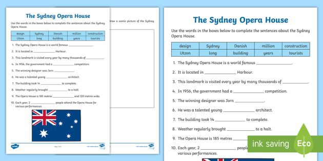 Sydney Opera House Cloze Worksheet / Worksheet