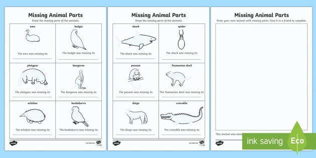 Missing Parts Of Australian Animals Read and Draw Worksheet / Worksheet