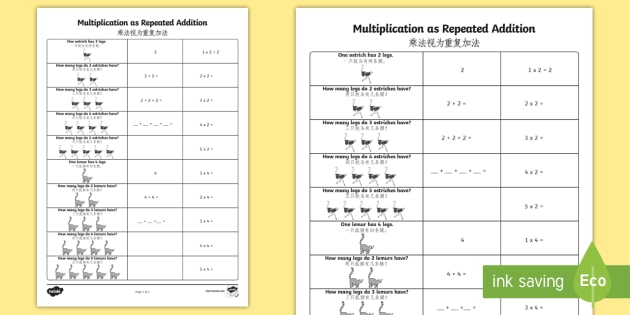 Multiplication as Repeated Addition Activity English/Mandarin Chinese