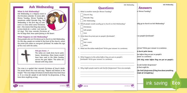 KS1 Ash Wednesday Differentiated Reading Comprehension Activity