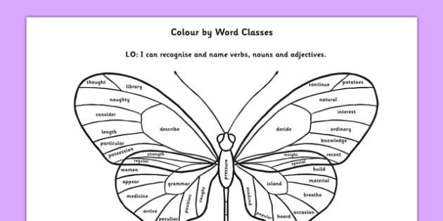 Color by Word Class Butterfly - color, word, class, coloring, verbs, nouns