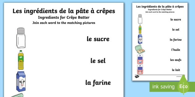 👉 Crêpe Batter Ingredients Word and Picture Matching Worksheet / Worksheet