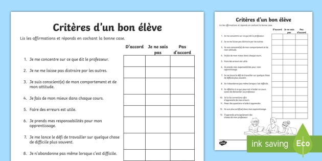 Feuille d'activités : Critères d'un bon élève