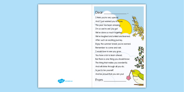 Dear Student: End of School Year Poem Card (Teacher-Made)