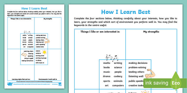 Goals and Aspirations UKS2 How I Learn Best Activity Sheet