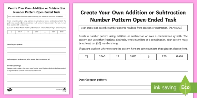Create an Addition or Subtraction Number Pattern Open-Ended Worksheet
