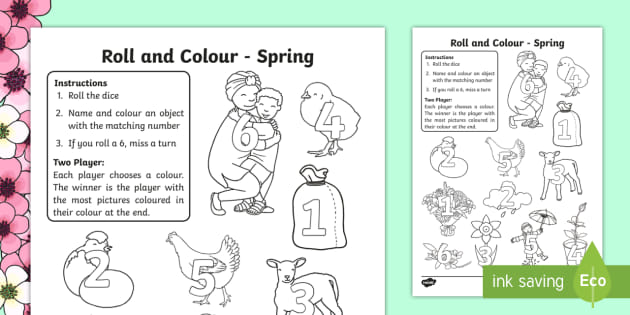 Spring Aistear Roll and Colour Worksheet (teacher made)