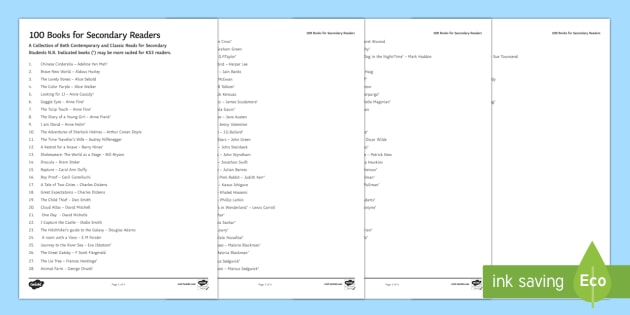 100 Books for Secondary Readers Book List (teacher made)