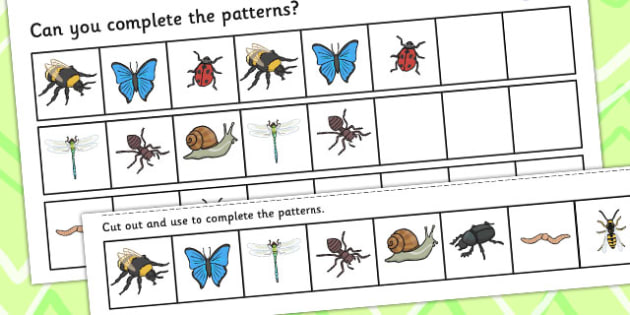 Minibeast Complete the Pattern Worksheets Differentiated