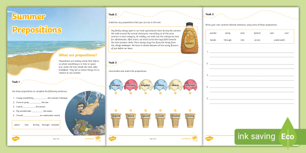 Summer Prepositions Activity Sheets (teacher made)