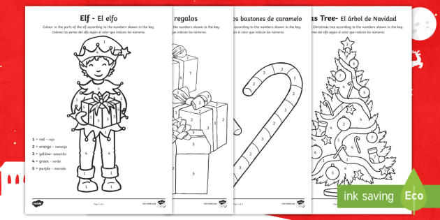 Elf Themed Colour by Number - English / Spanish - EAL, Elf Themed Colour by