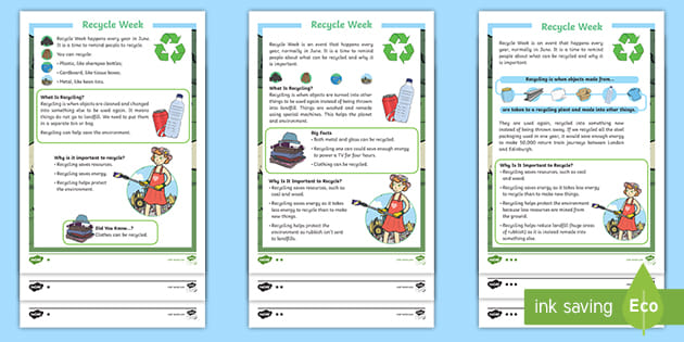 First Level Recycle Week Differentiated Reading Comprehension Activity