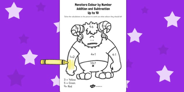 Monsters Colour by Number Addition and Subtraction Up to 10