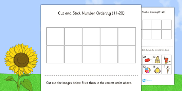 Summer Themed Cut and Stick Number Ordering Sheets 11-20 - number